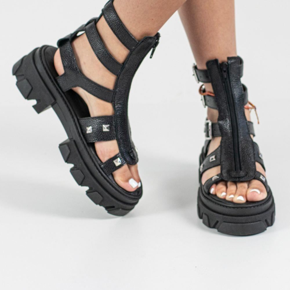 Sandale cu talpa groasa de dama din piele naturala,culoare negru ...