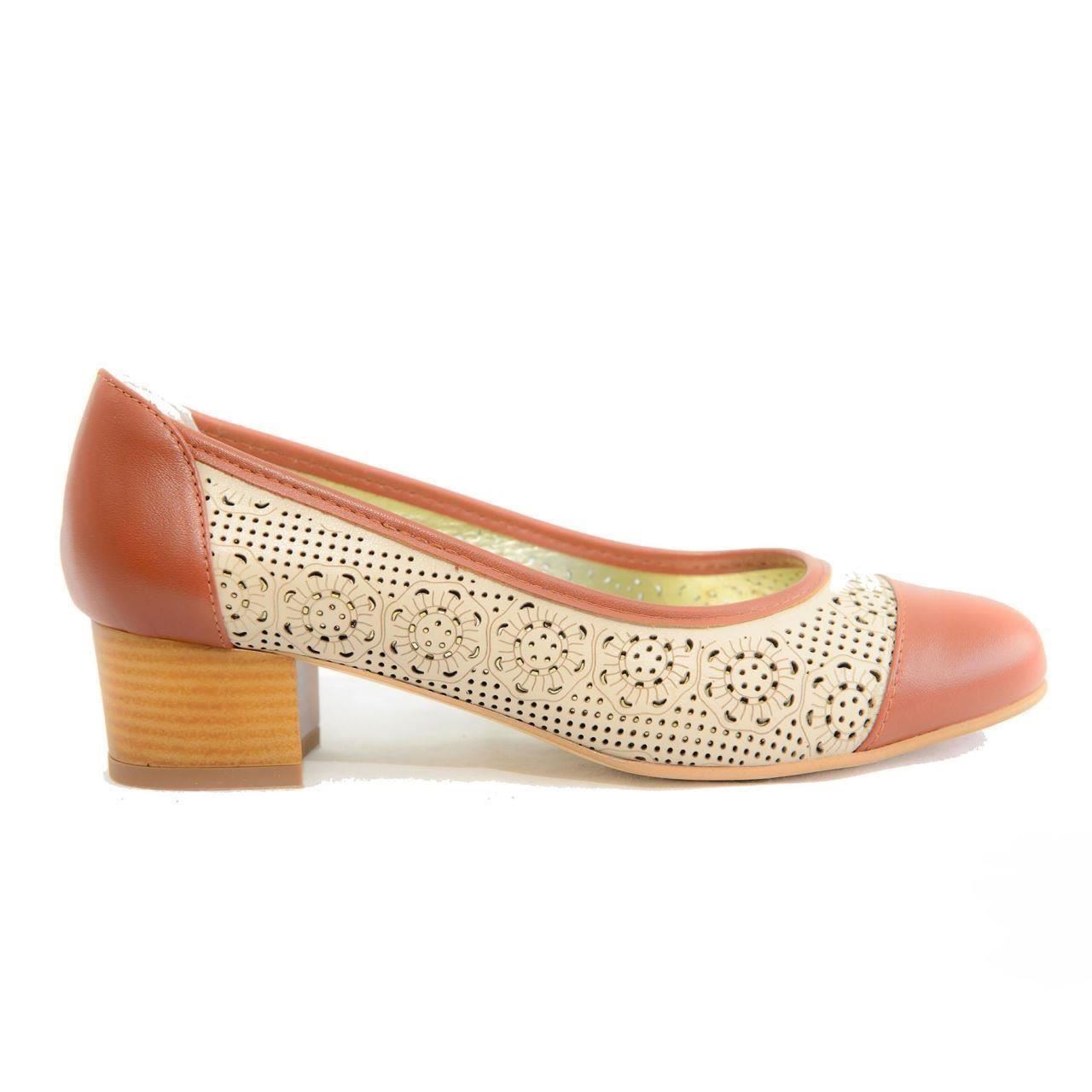 Pantofi Dama Perforati, 90 Bej+Maro, Din Piele Naturala | Pret Mic 35 ...